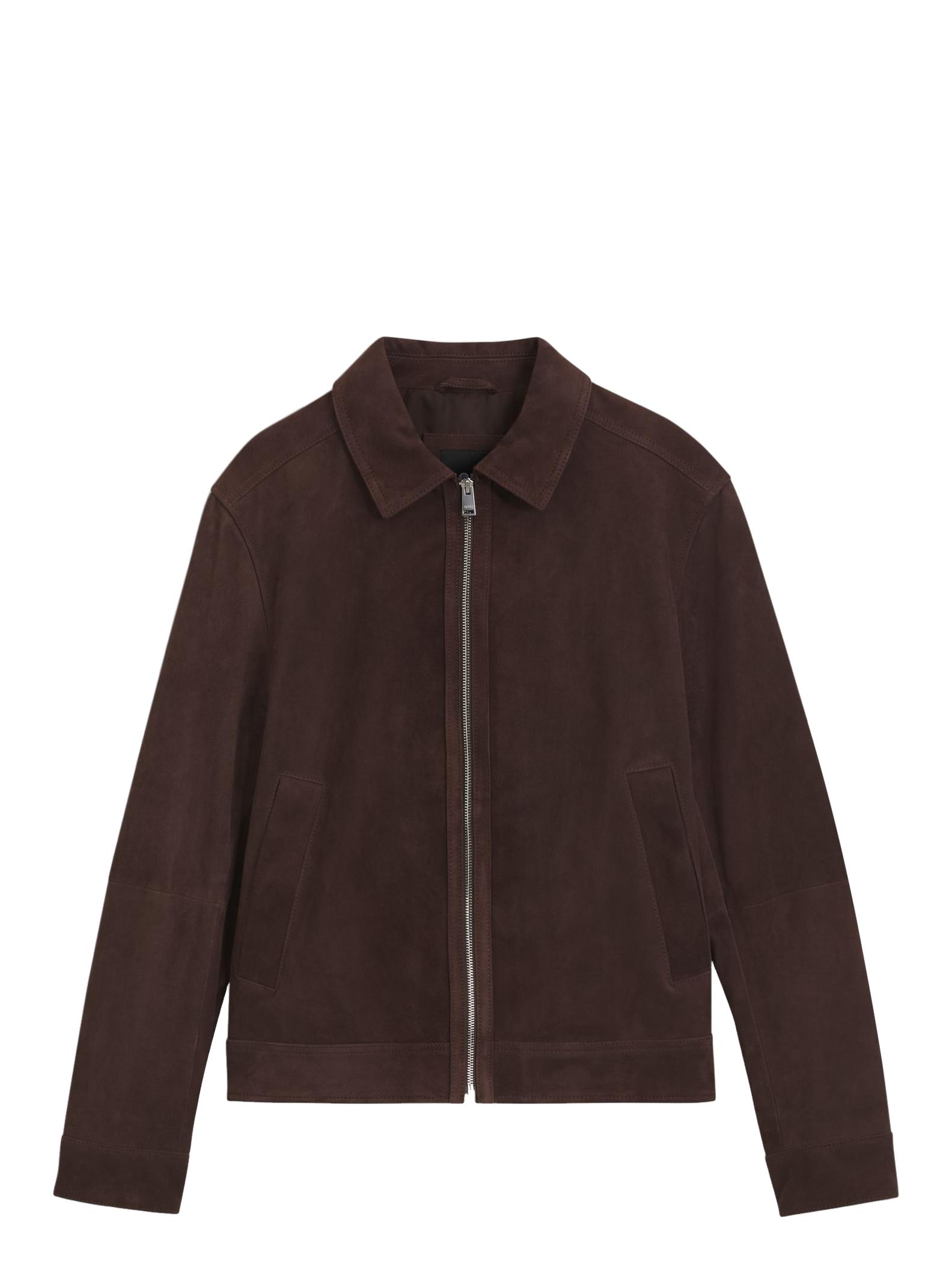 BOSS BOSS Suede Leather Zip-Up Jacket with Pointed Collar